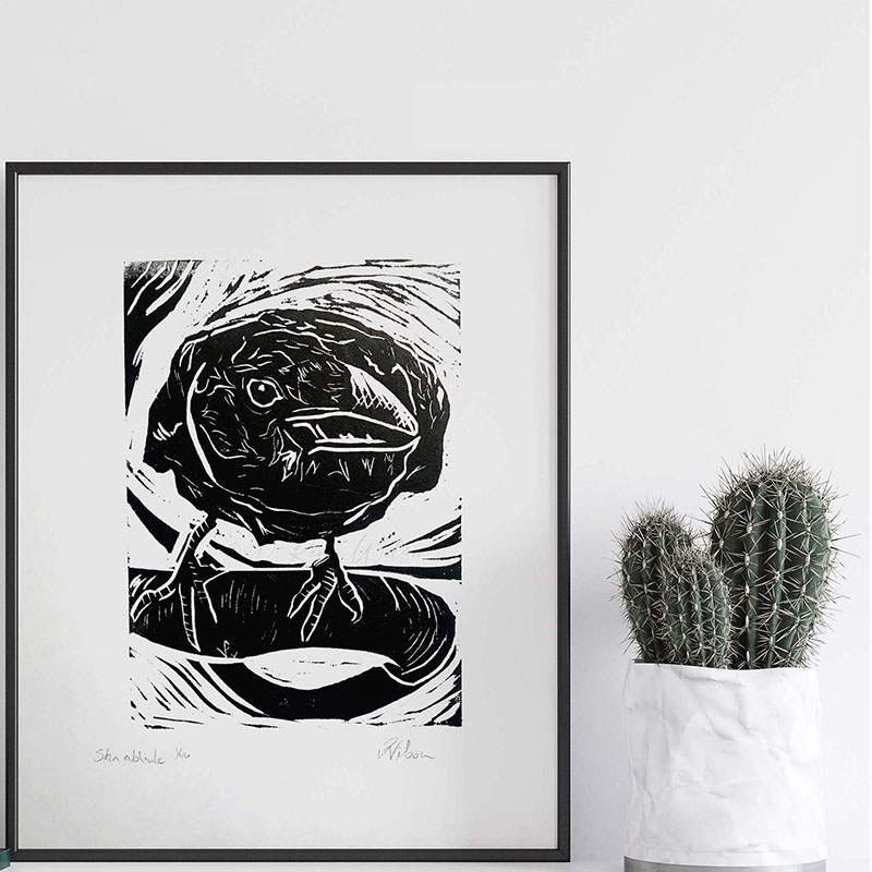 Slán abhaile; Crow Linocut - D. Renee Wilson hand pulled linoleum art print